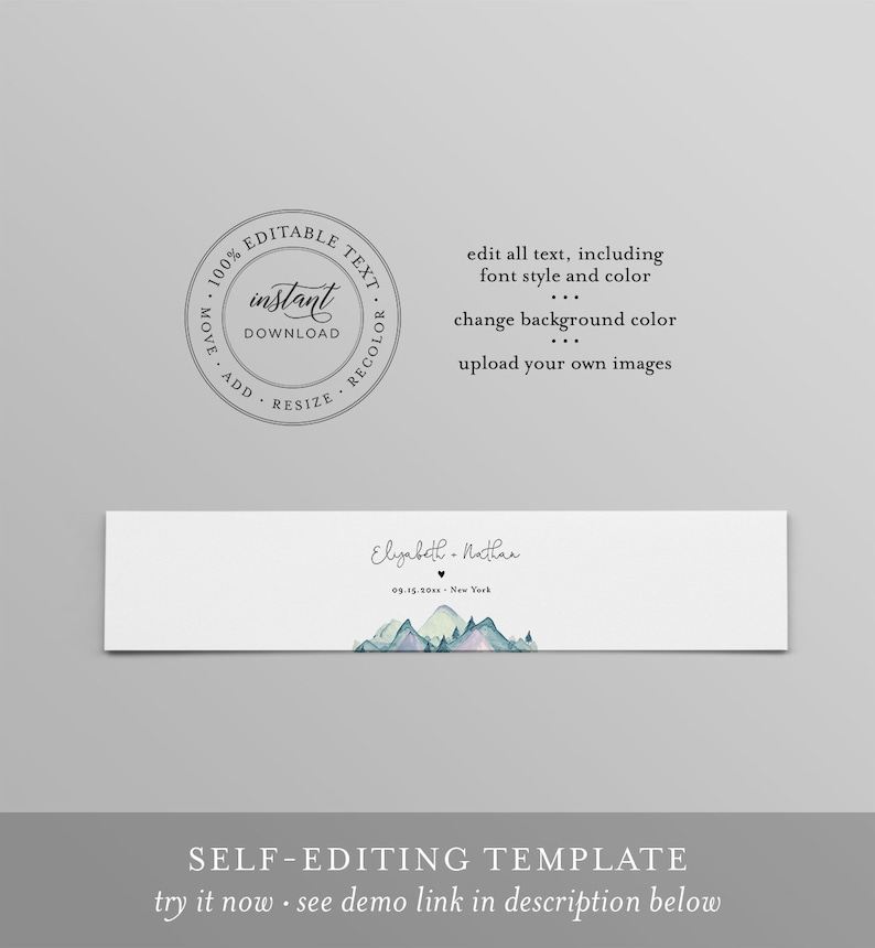 Mountain Water Bottle Label Template, Pine Wedding Water Wrapper, 100% ...