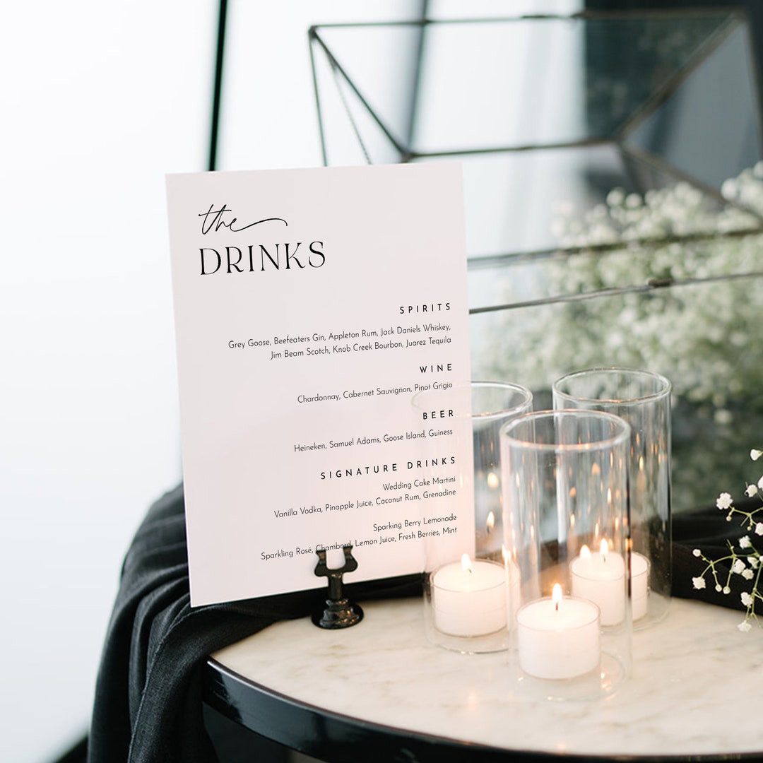 Drink and Dinner Menu Sign, Printable Modern Wedding Reception/ Bar ...