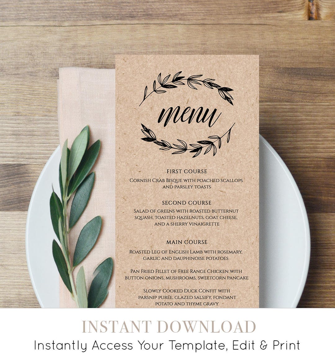 Rustic Wedding Menu Template, Printable Menu Card, Editable Template ...