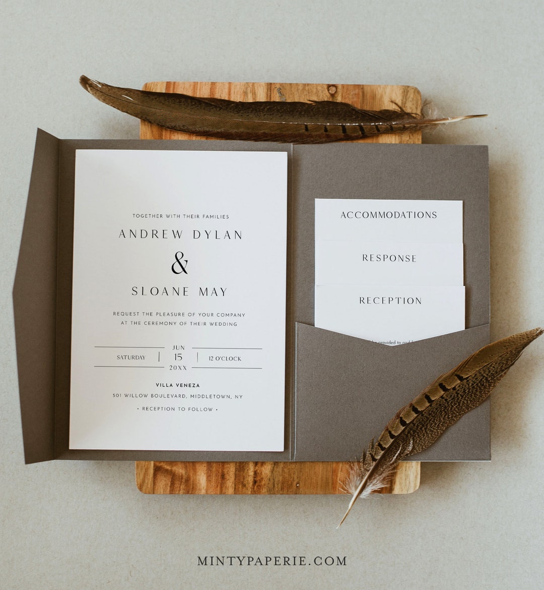 Minimal Pocket Wedding Invitation Set, Modern Invite & Enclosure Cards ...