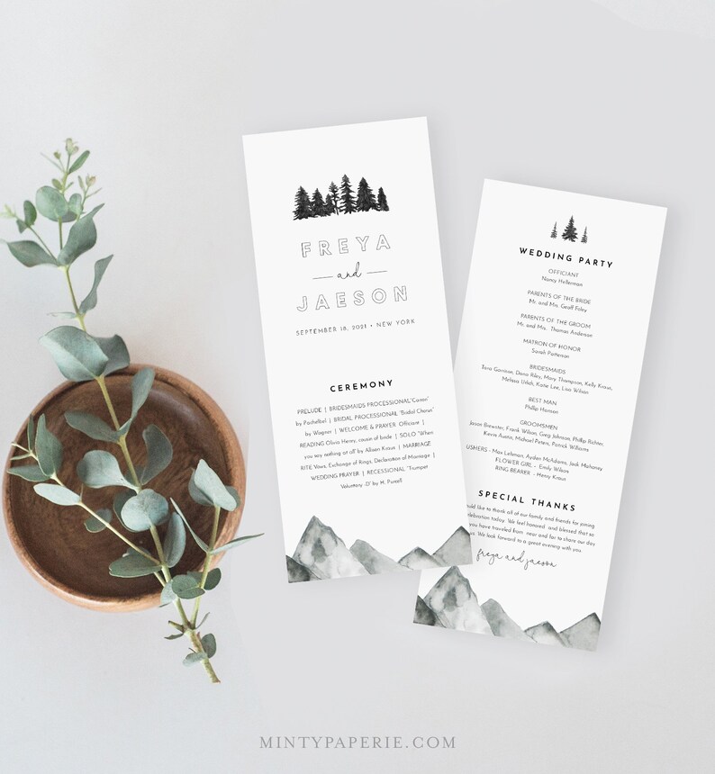 Mountain Pine Wedding Program Template Rustic Simple Order of | Etsy