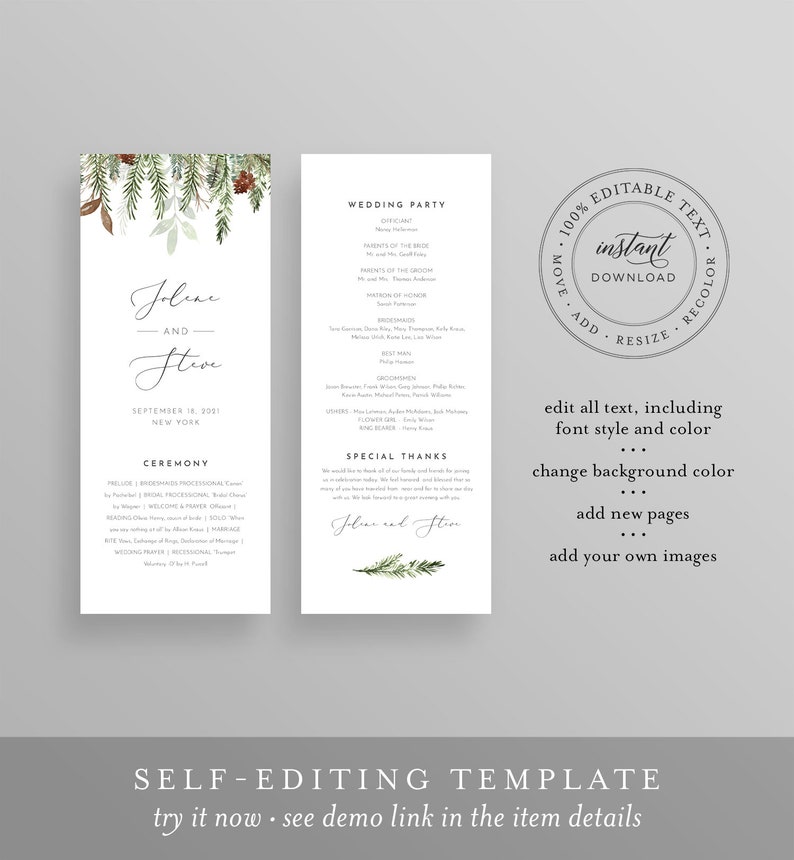 Winter Pine Wedding Program Template Printable Evergreen | Etsy