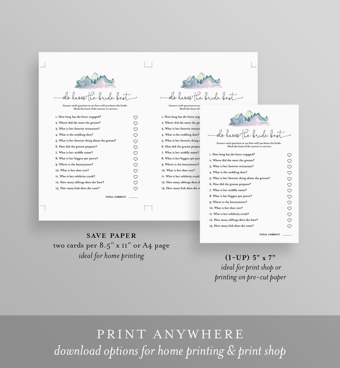 Who Knows the Bride Best Bridal Shower Game, Printable Rustic Mountain ...