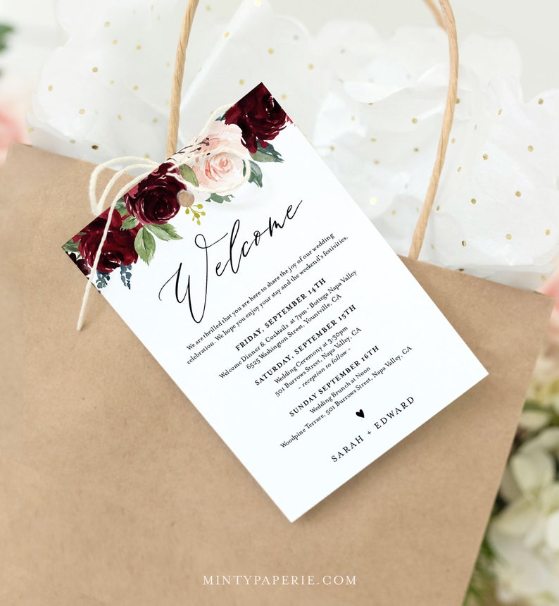 Welcome Bag Tag Boho Burgundy Floral Welcome Letter & - Etsy