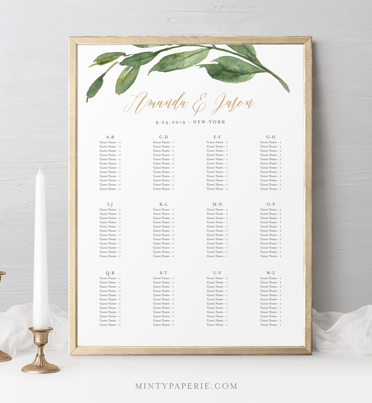 Wedding Seating Chart Template Alphabetic Order Printable Greenery 
