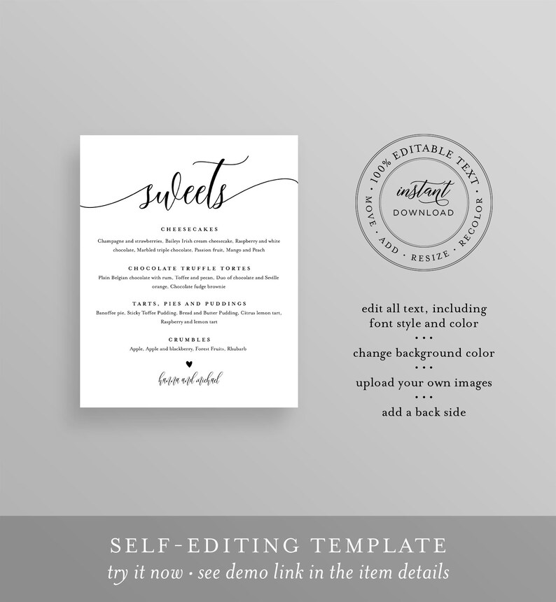 Dessert Menu Sign, Sweets Menu, Printable Minimalist Wedding Dessert ...
