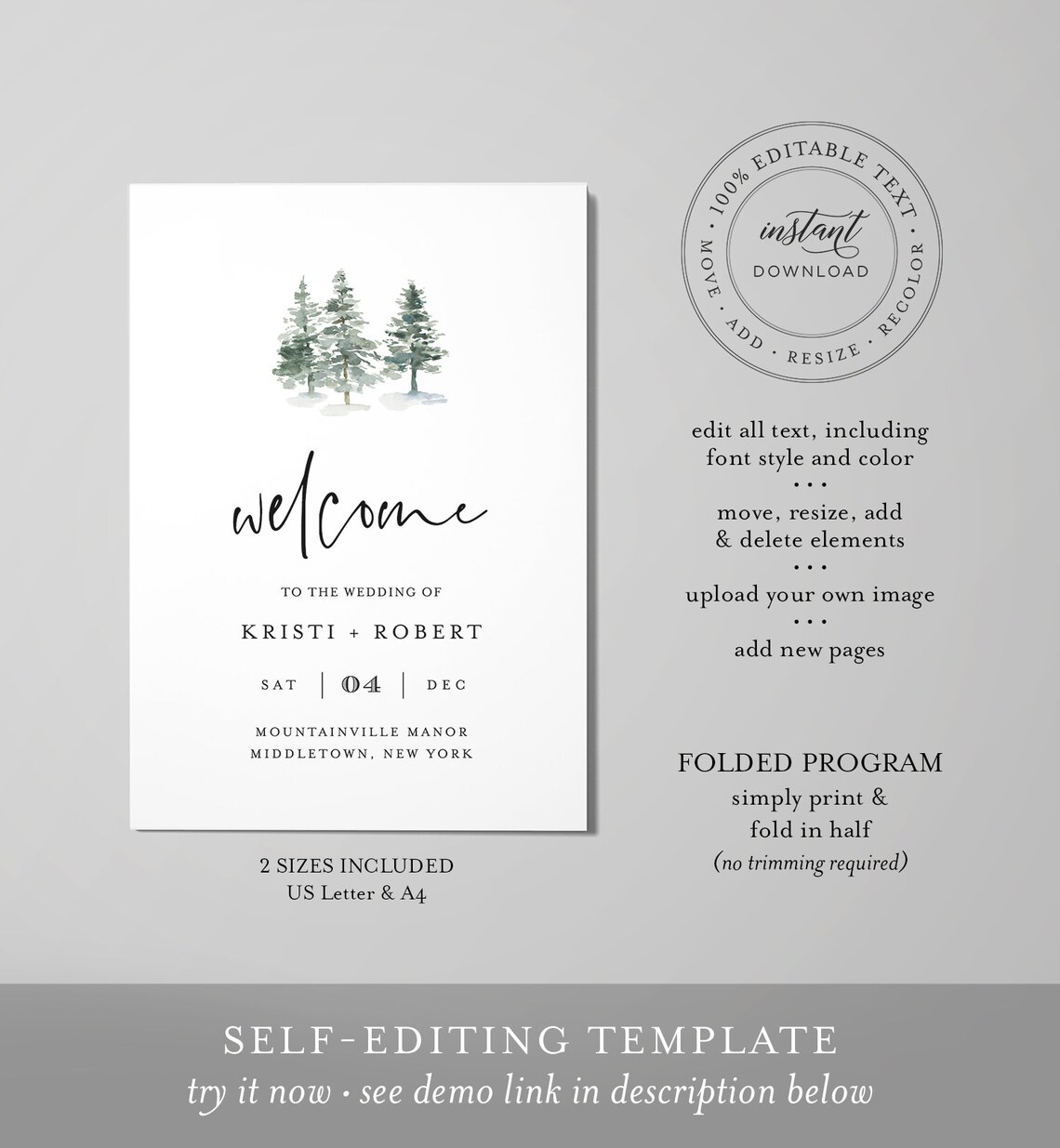 Pine Wedding Program Template Rustic Winter Folded Order of - Etsy