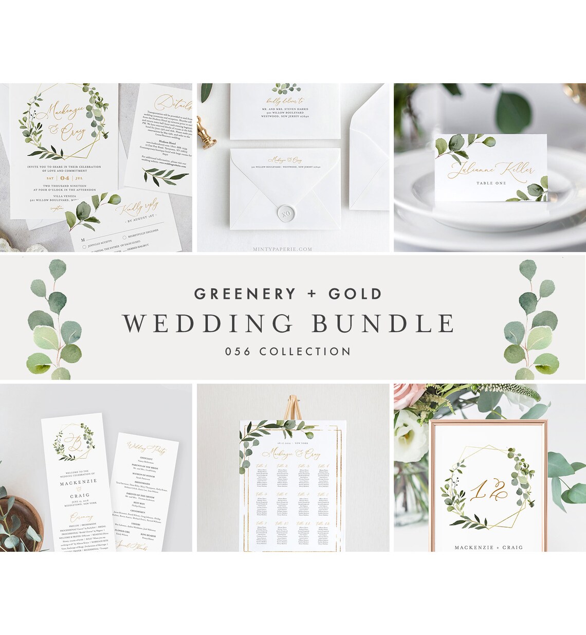 Greenery & Gold Wedding Bundle, Wedding Essential Templates, Invitation ...