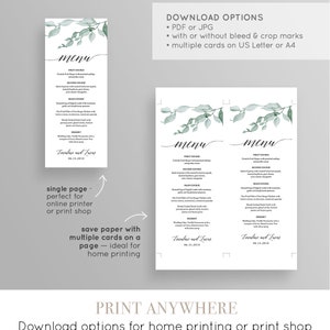 Greenery Menu Template, Wedding Dinner Menu, Reception Card, Printable ...