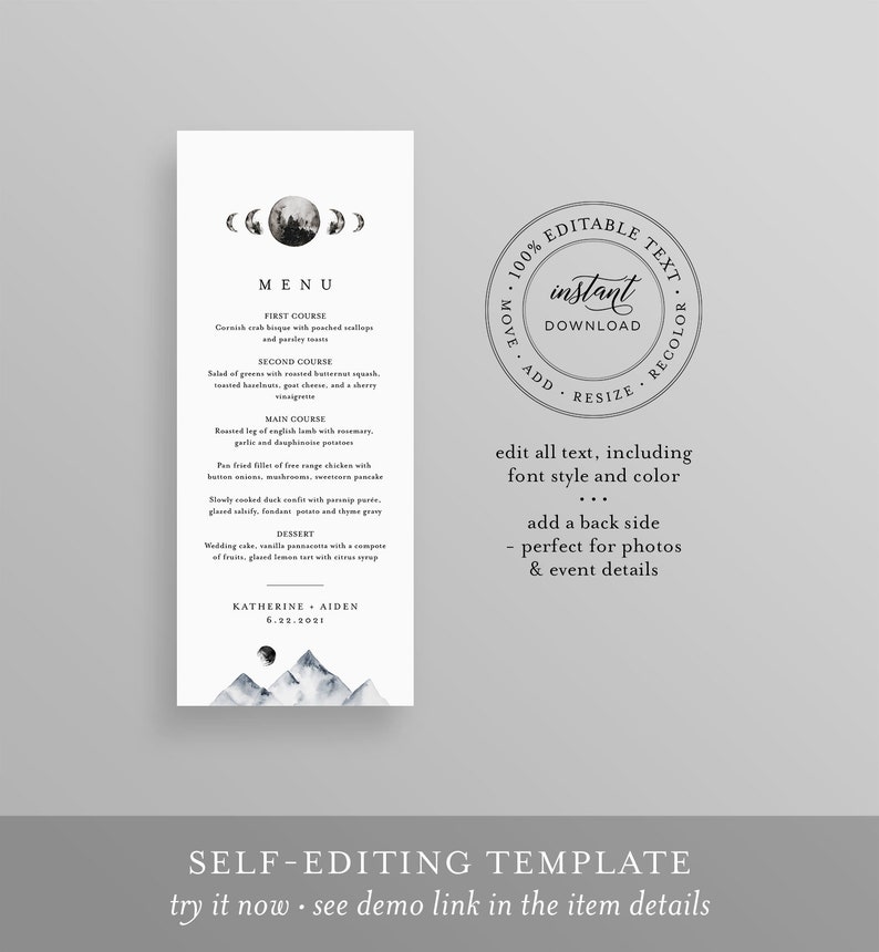 Celestial Wedding Menu Template Printable Mountain Moon - Etsy