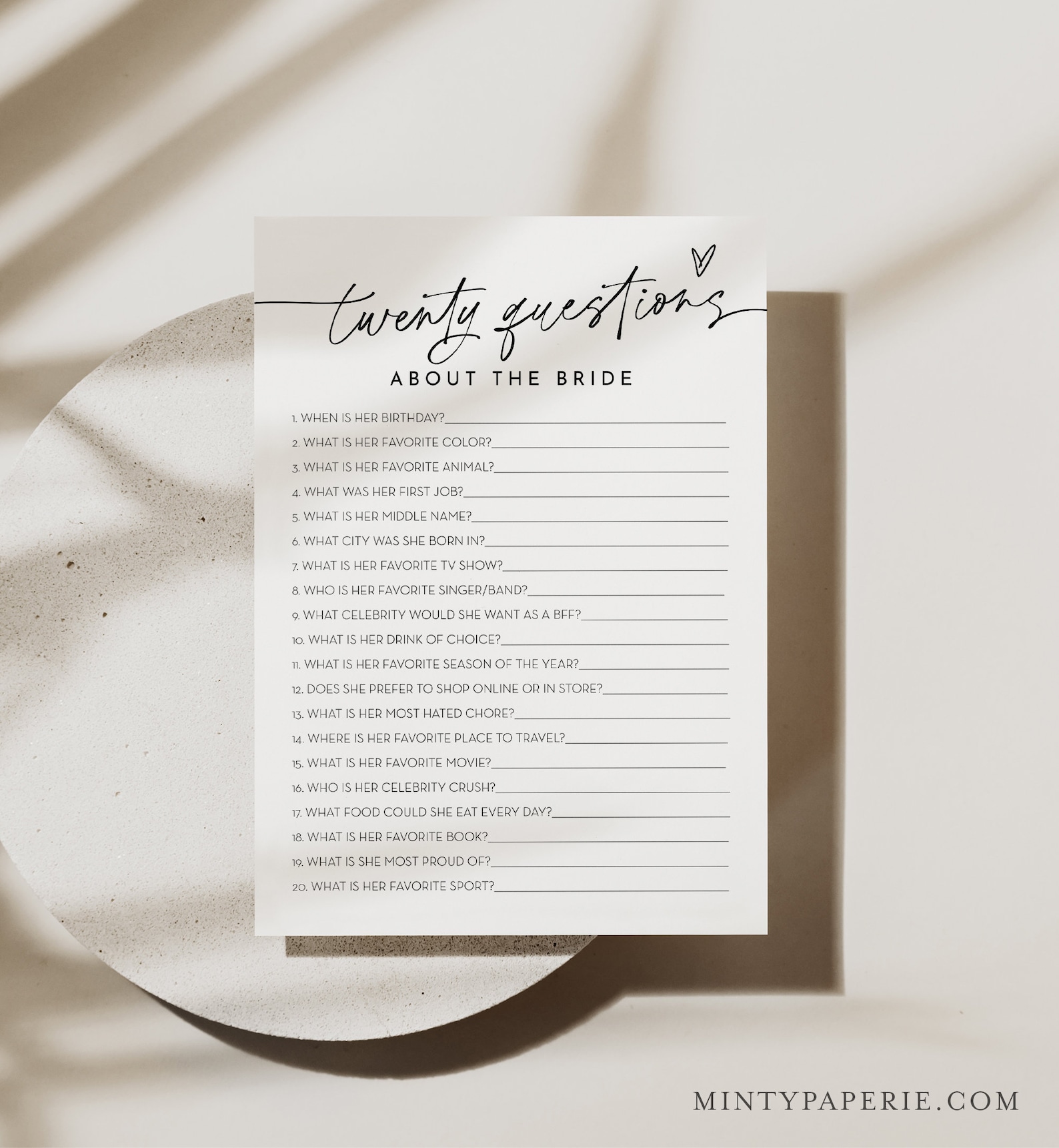 20 Questions About the Bride, Bridal Shower Game, How Well Do You Know ...
