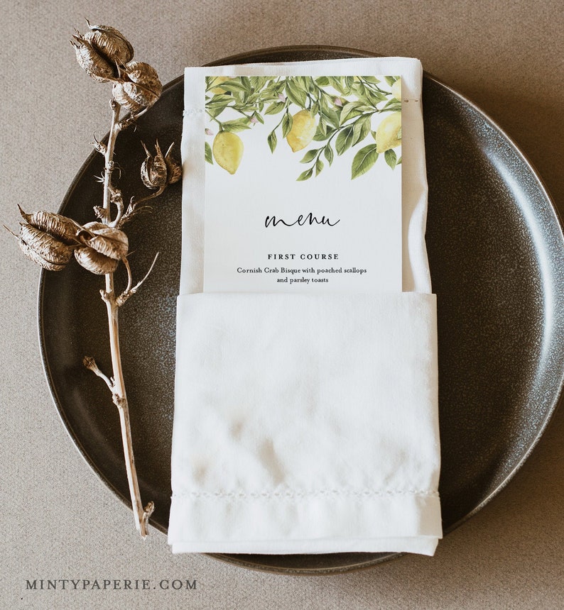 Lemon Menu Template, Summer Wedding Dinner Menu Card, Printable Citrus ...