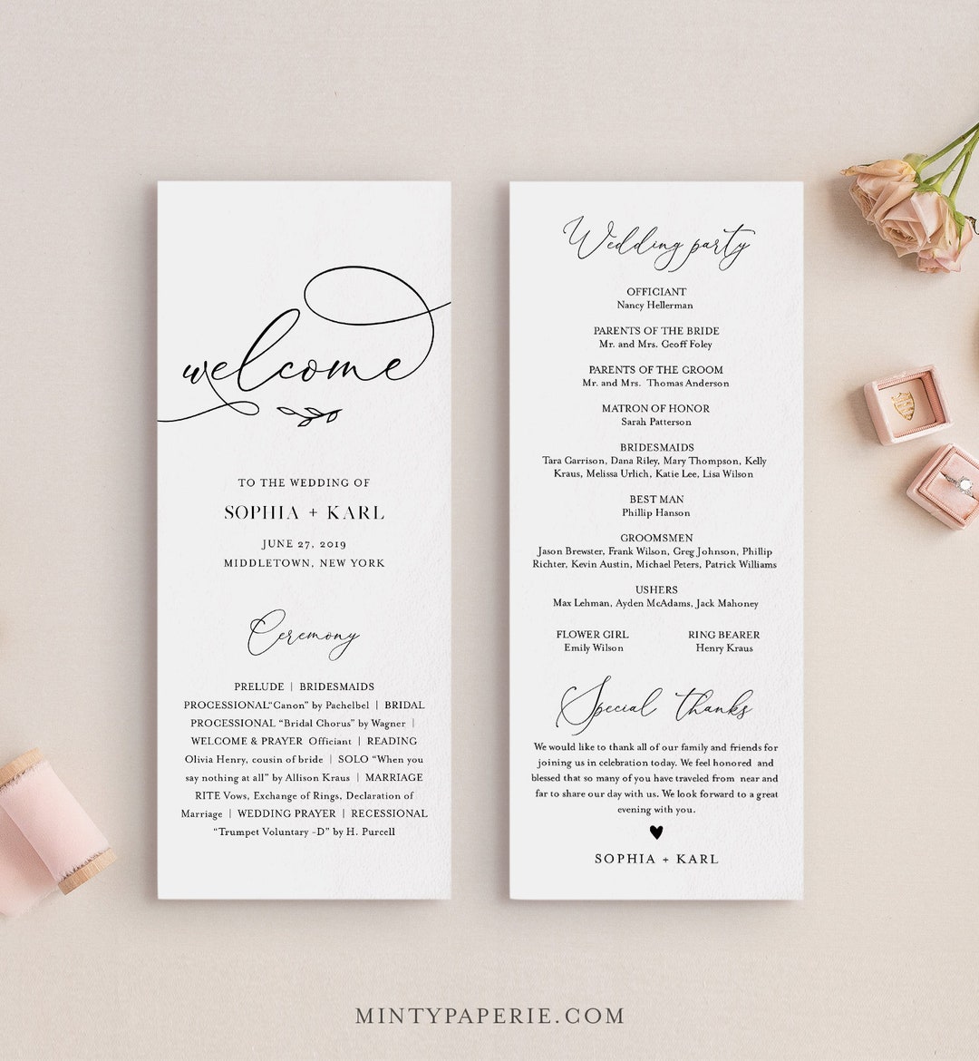 Calligraphy Wedding Program Template, Minimalist Order of Service, Instant Download, Printable ...