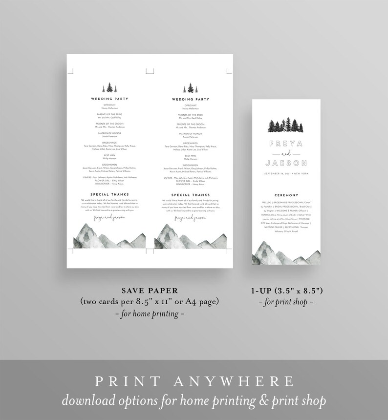 Mountain Pine Wedding Program Template Rustic Simple Order of | Etsy