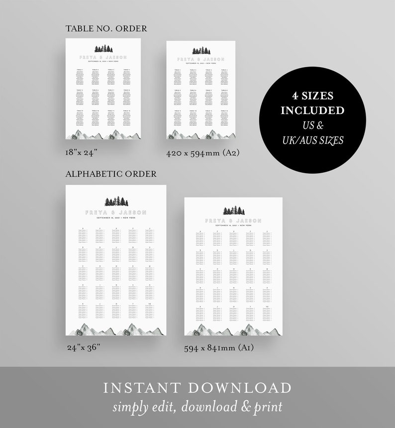 Mountain Seating Chart Poster, Printable Rustic Pine Wedding Seating ...