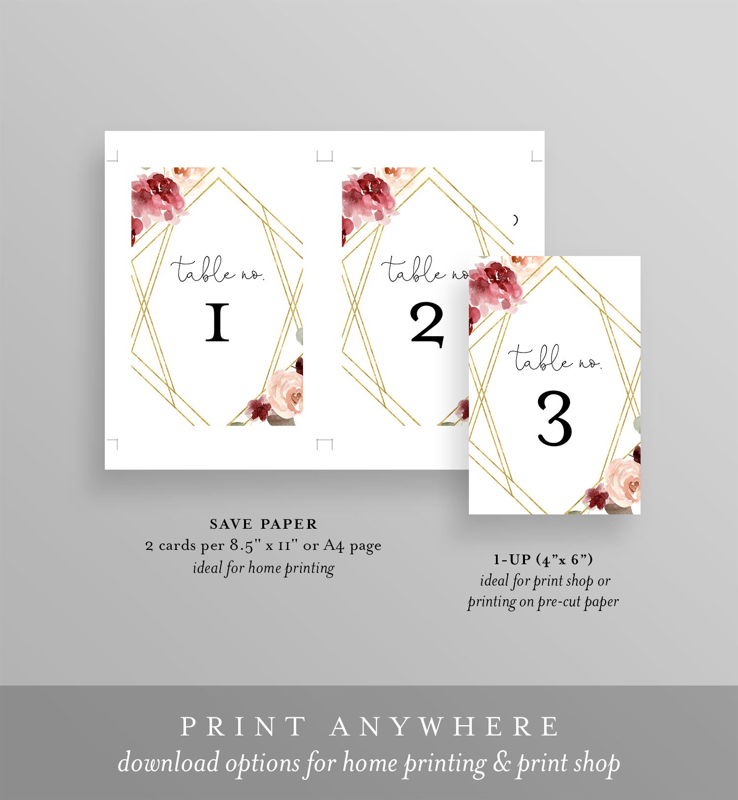 Boho Table Number Card Template Printable Burgundy Floral and - Etsy