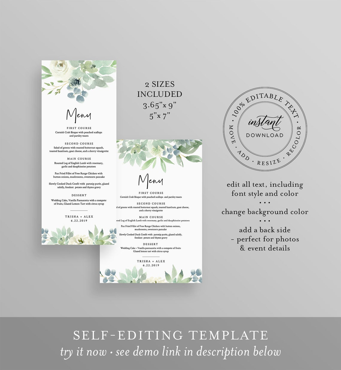 Boho Menu Template Succulent Greenery Wedding Menu Card - Etsy