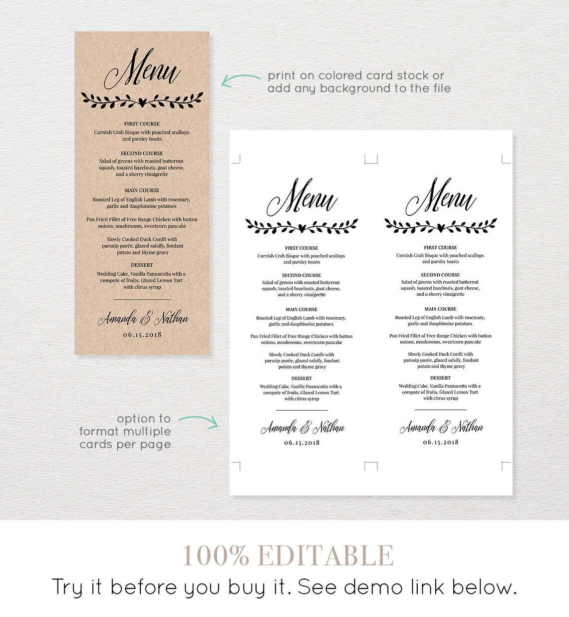 Printable Menu Card Template, Rustic Wedding Dinner Menu, Fully ...