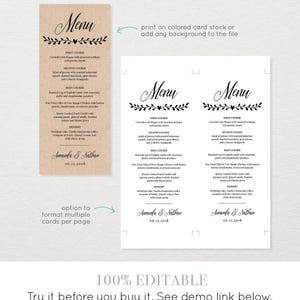 Printable Menu Card Template, Rustic Wedding Dinner Menu, Fully ...