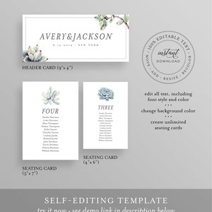 Succulent Seating Chart Template, Wedding Seating Cards, 100% Editable ...
