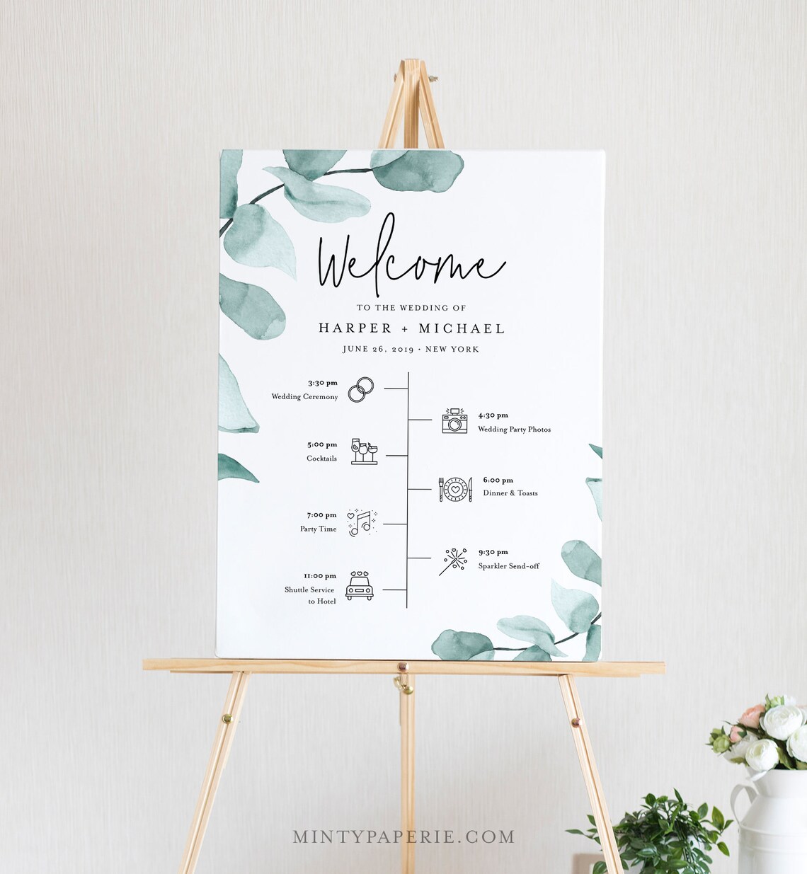 Welcome Sign and Timeline With Wedding Day Icons, Eucalyptus Bridal ...