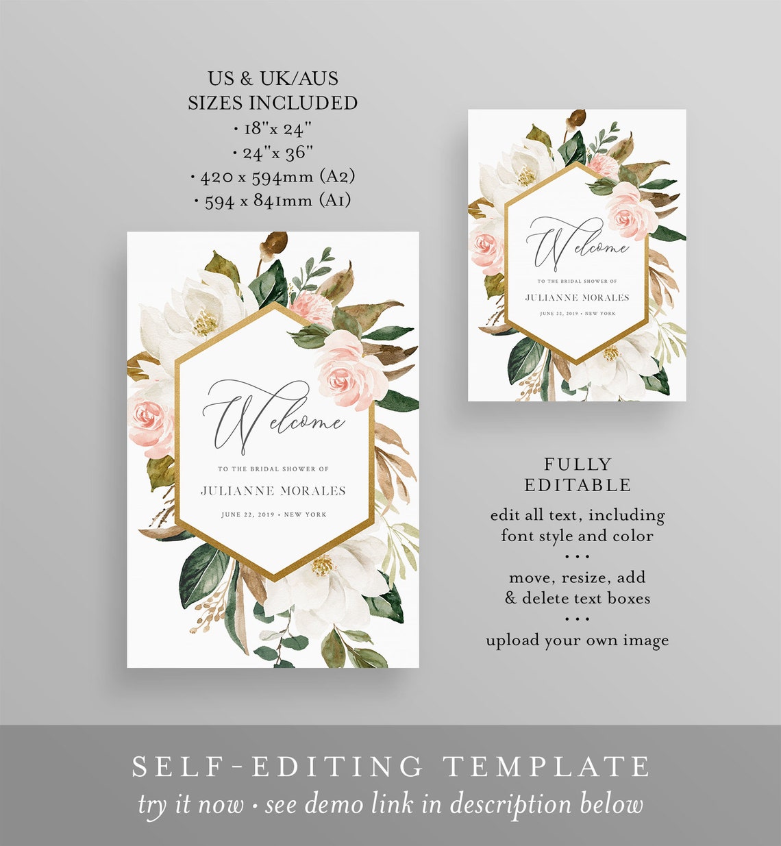 Magnolia Floral Welcome Sign Template, Wedding or Bridal Shower Welcome ...