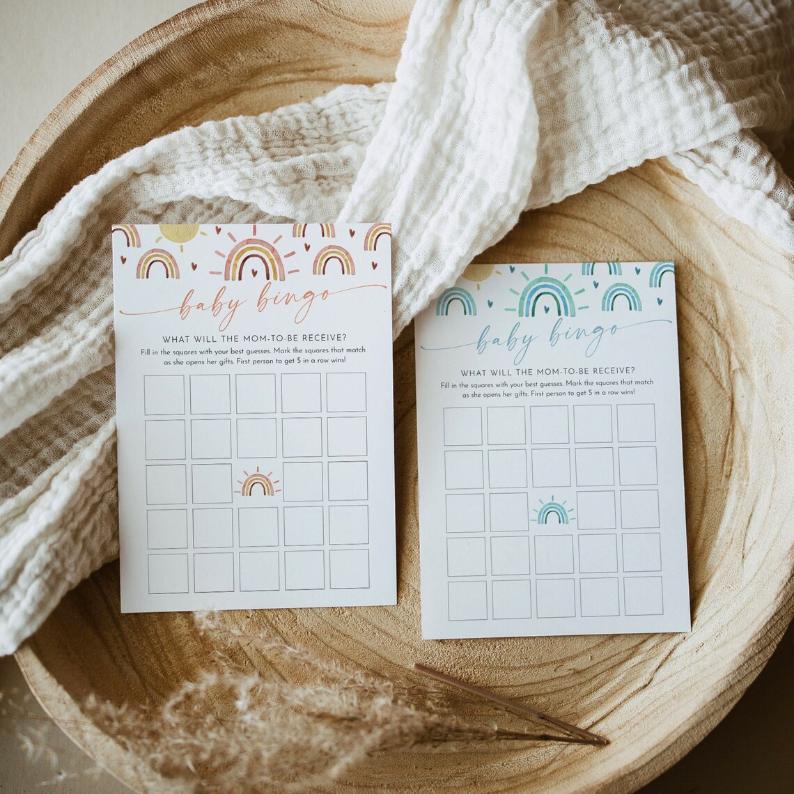 Baby Bingo Game, Printable Bohemian Rainbow Sun Baby Shower Game ...