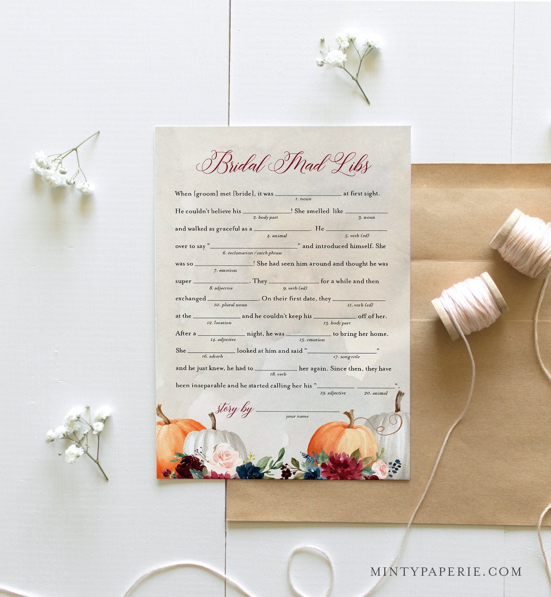 Mad Libs Bridal Shower Game Template, Printable Pumpkin Fall Bridal ...