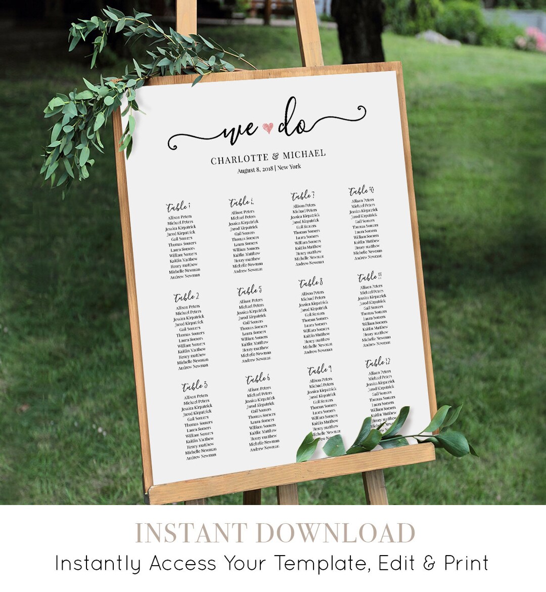Wedding Seating Chart Sign, Printable, 100% Editable, INSTANT DOWNLOAD ...