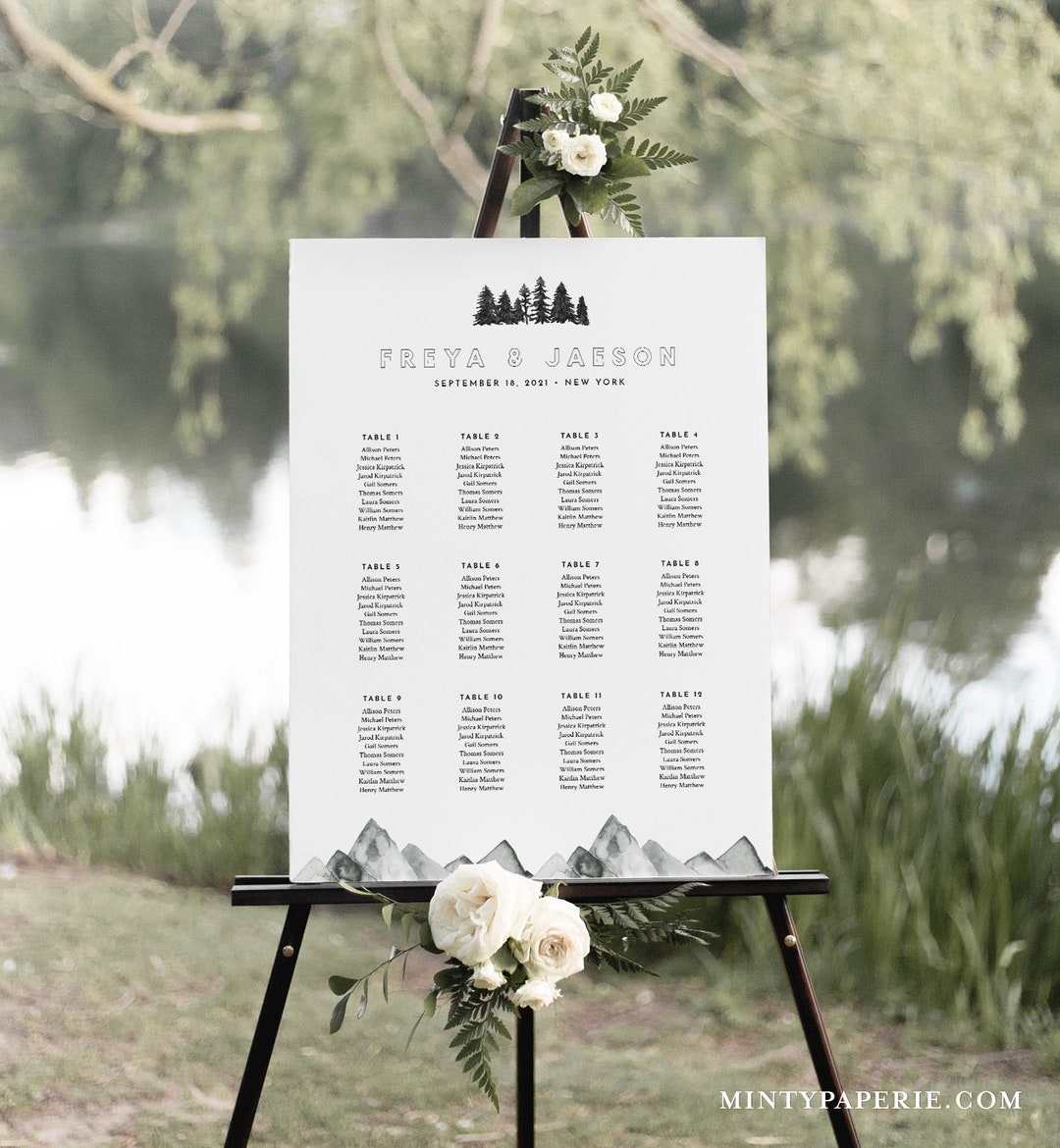 Mountain Seating Chart Poster, Printable Rustic Pine Wedding Seating ...