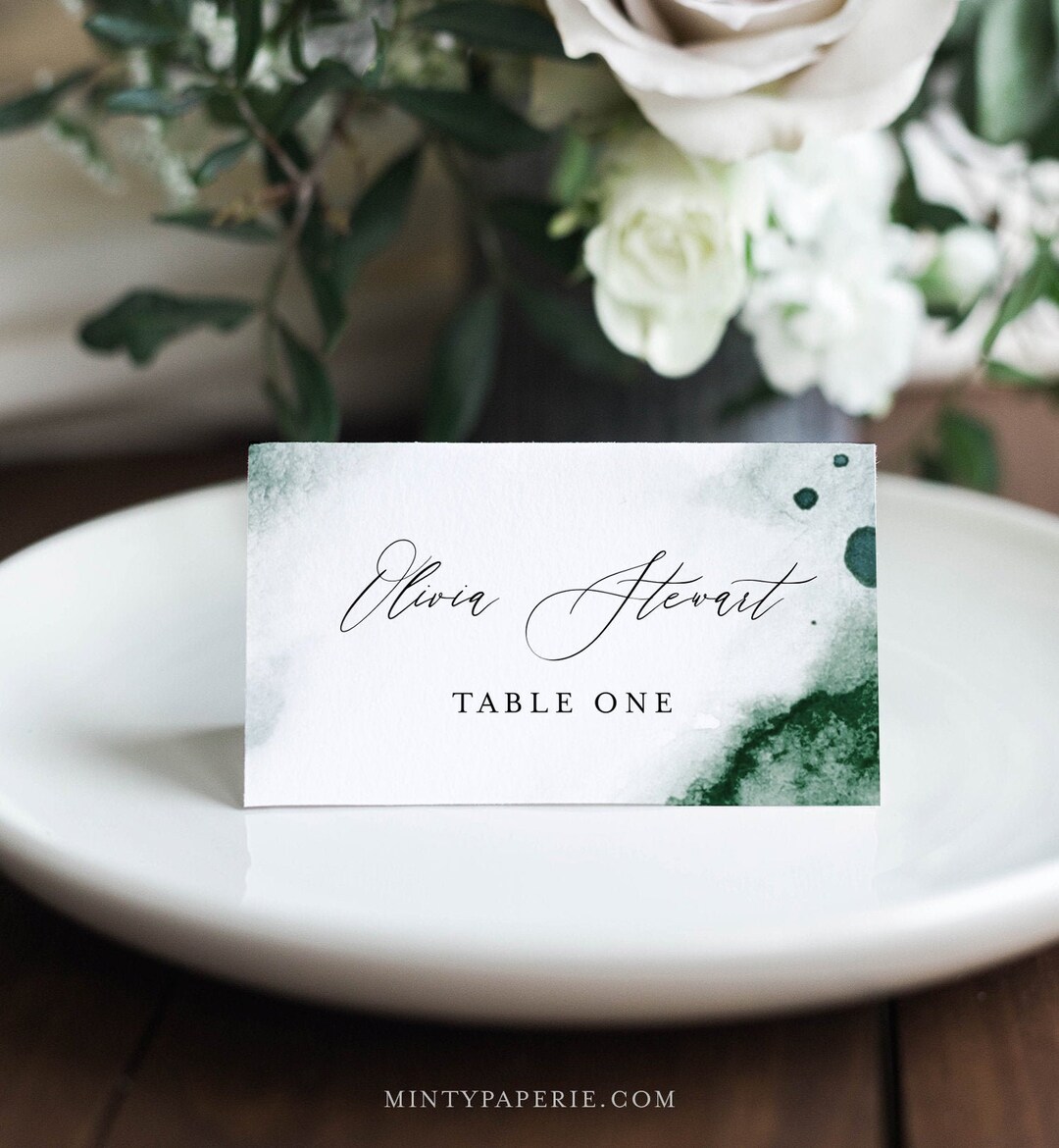 Watercolor Place Card Template, Printable Emerald Wedding Buffet Card ...