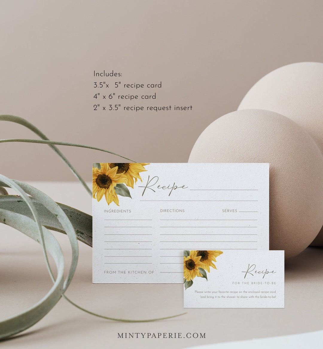 Sunflower Recipe Card Template, Bridal Shower Recipe Card & Request ...