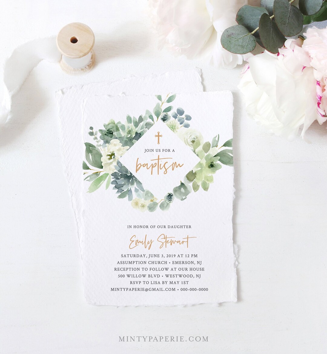 Baptism Invitation Template, Watercolor Succulent and Greenery Invite ...