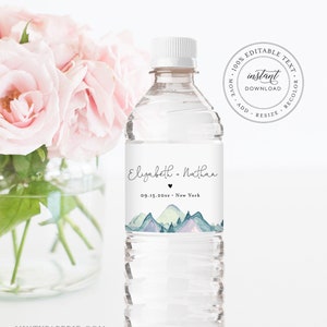 Mountain Water Bottle Label Template, Pine Wedding Water Wrapper, 100% ...
