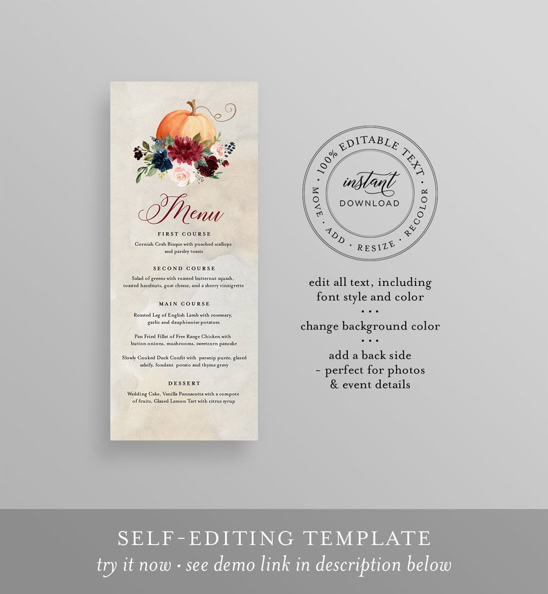 Fall Menu Card Template Pumpkin Dinner Menu for Wedding | Etsy