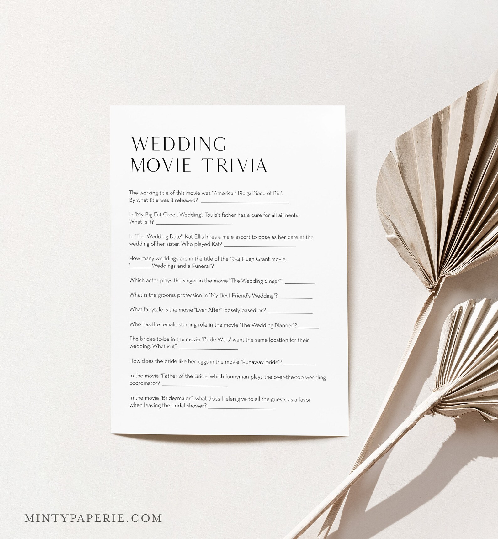 Wedding Movie Trivia Bridal Shower Game Template Minimalist | Etsy