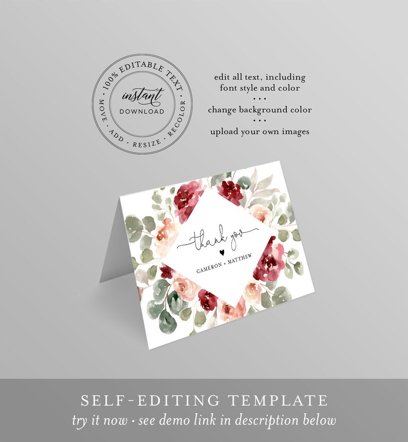 Thank You Note Card Template Printable Watercolor Boho Floral - Etsy