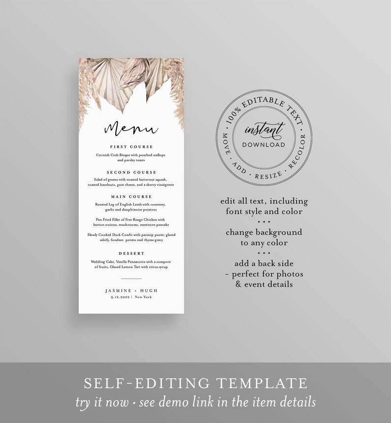 Pampas Menu Template Bohemian Printable Dried Foliage & Palm - Etsy