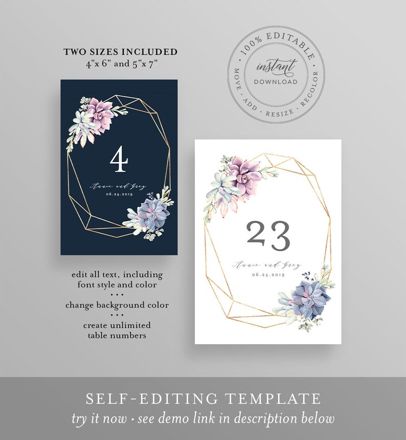 Succulent Table Number Template Printable Wedding Table Card - Etsy