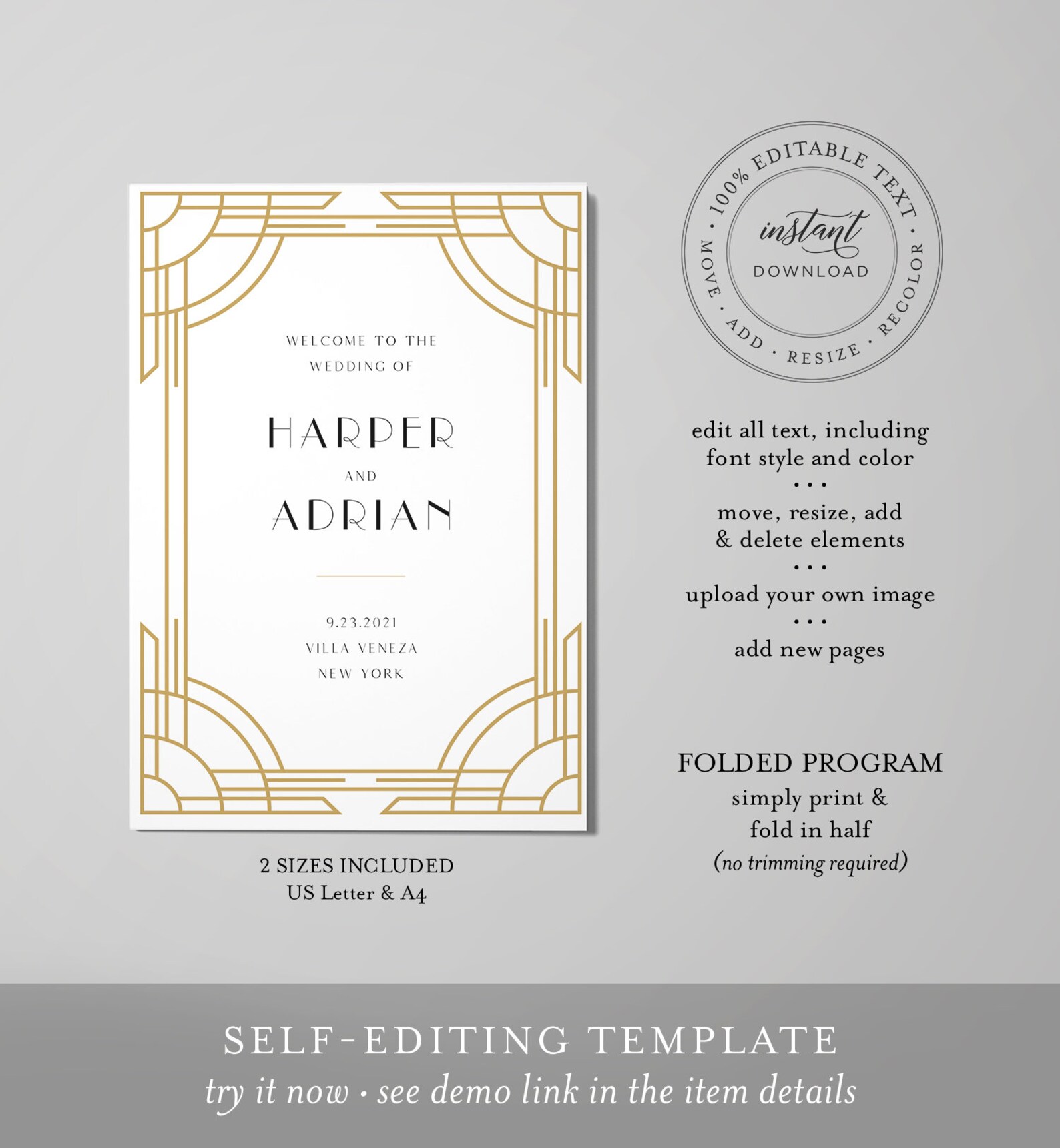 Art Deco Wedding Program Template Editable Minimal Retro | Etsy UK