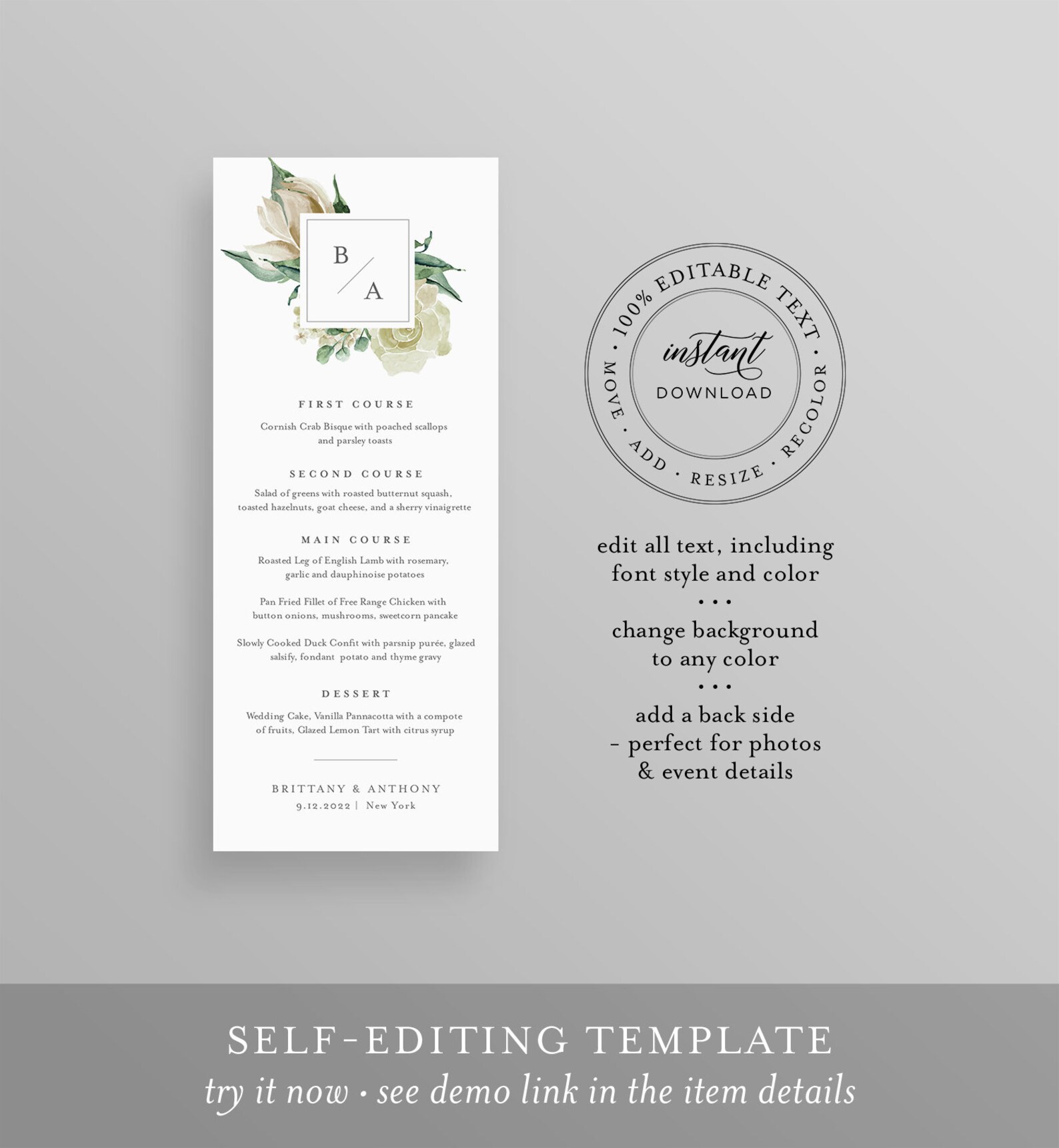 Cream Floral Menu Template Printable Boho Rose Greenery - Etsy