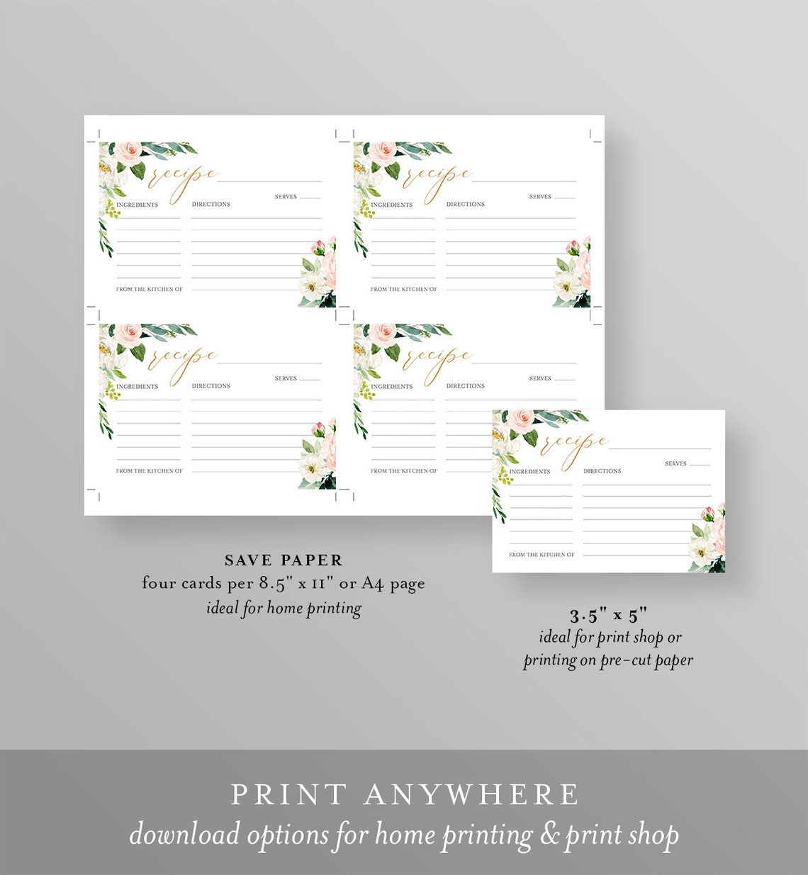Recipe Card Printable, Instant Download, 100% Editable Template, Bridal ...