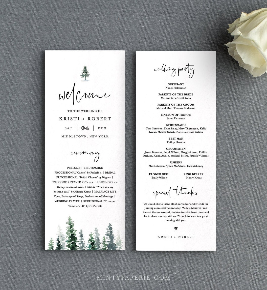Pine Wedding Program Template, Printable Rustic Order of Service, 100% Editable Text, Flat ...
