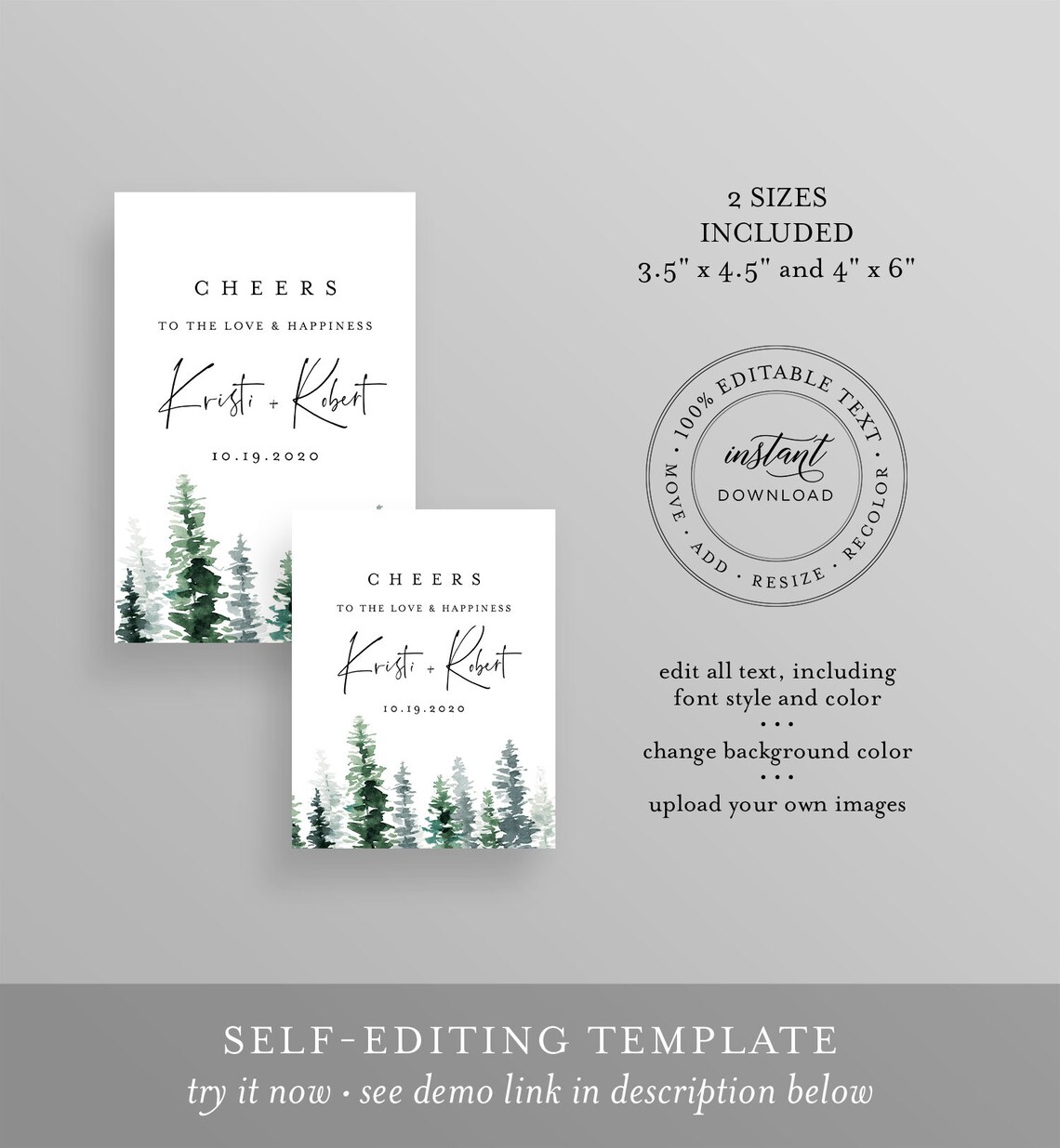 Pine Tree Wine Bottle Label Template, Printable Wedding or Bridal ...