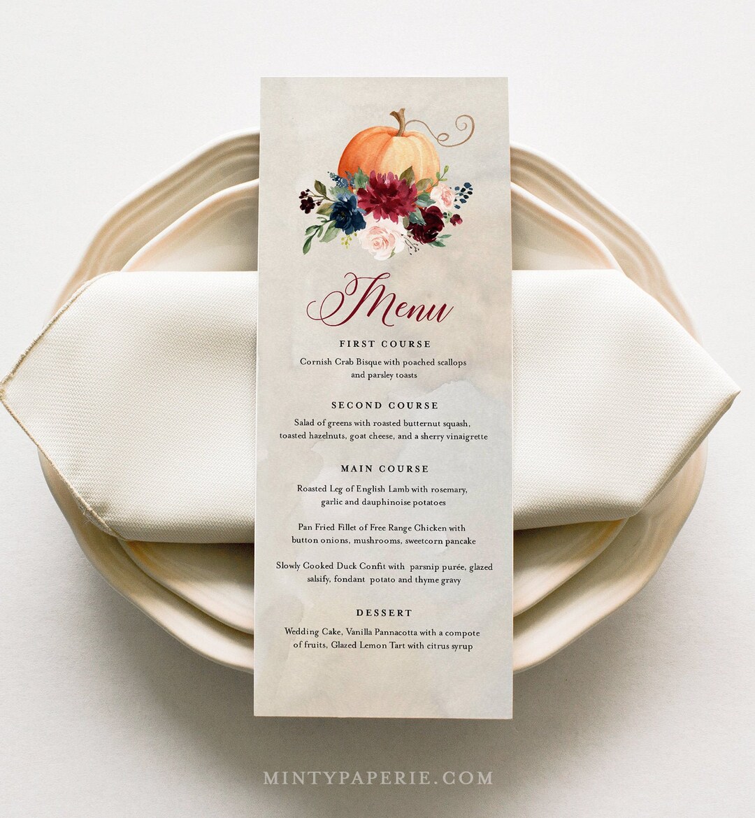 Fall Menu Card Template, Pumpkin Dinner Menu for Wedding, Bridal Shower ...