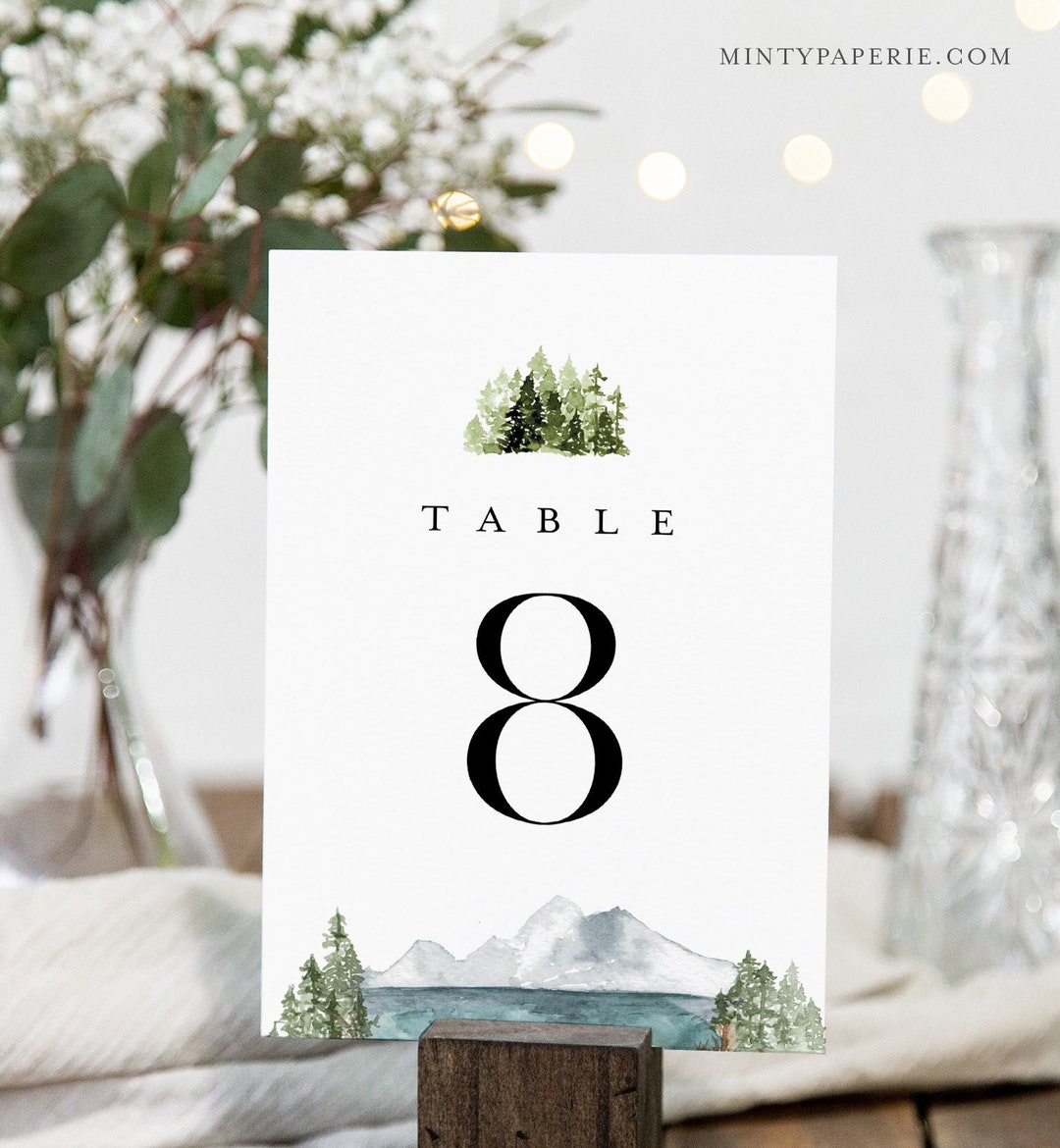 Lake Table Number Cards, Printable Mountain Pine Wedding Table Number ...