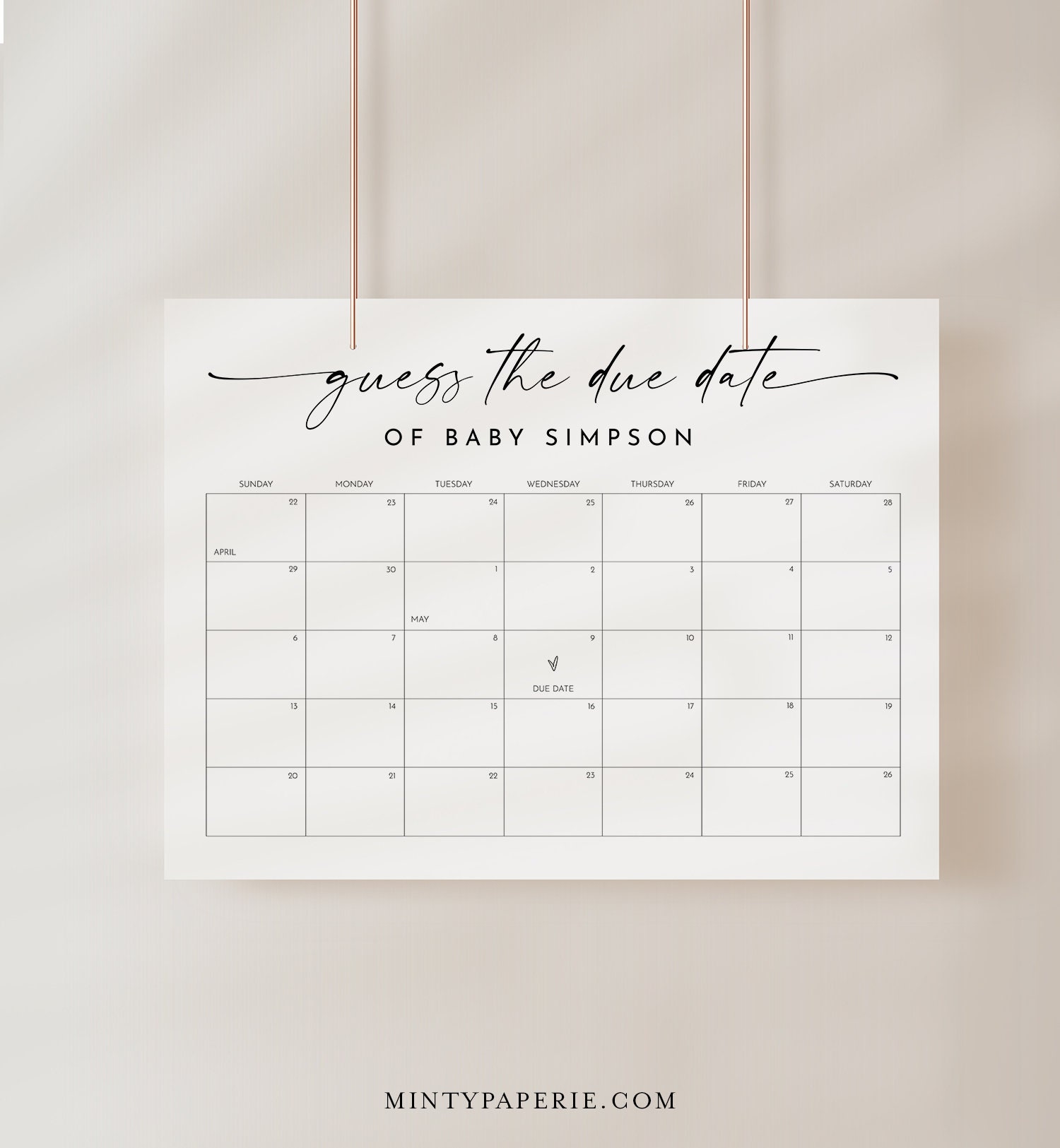 Minimalist Baby Due Date Calendar Sign Guess the Birthday - Etsy
