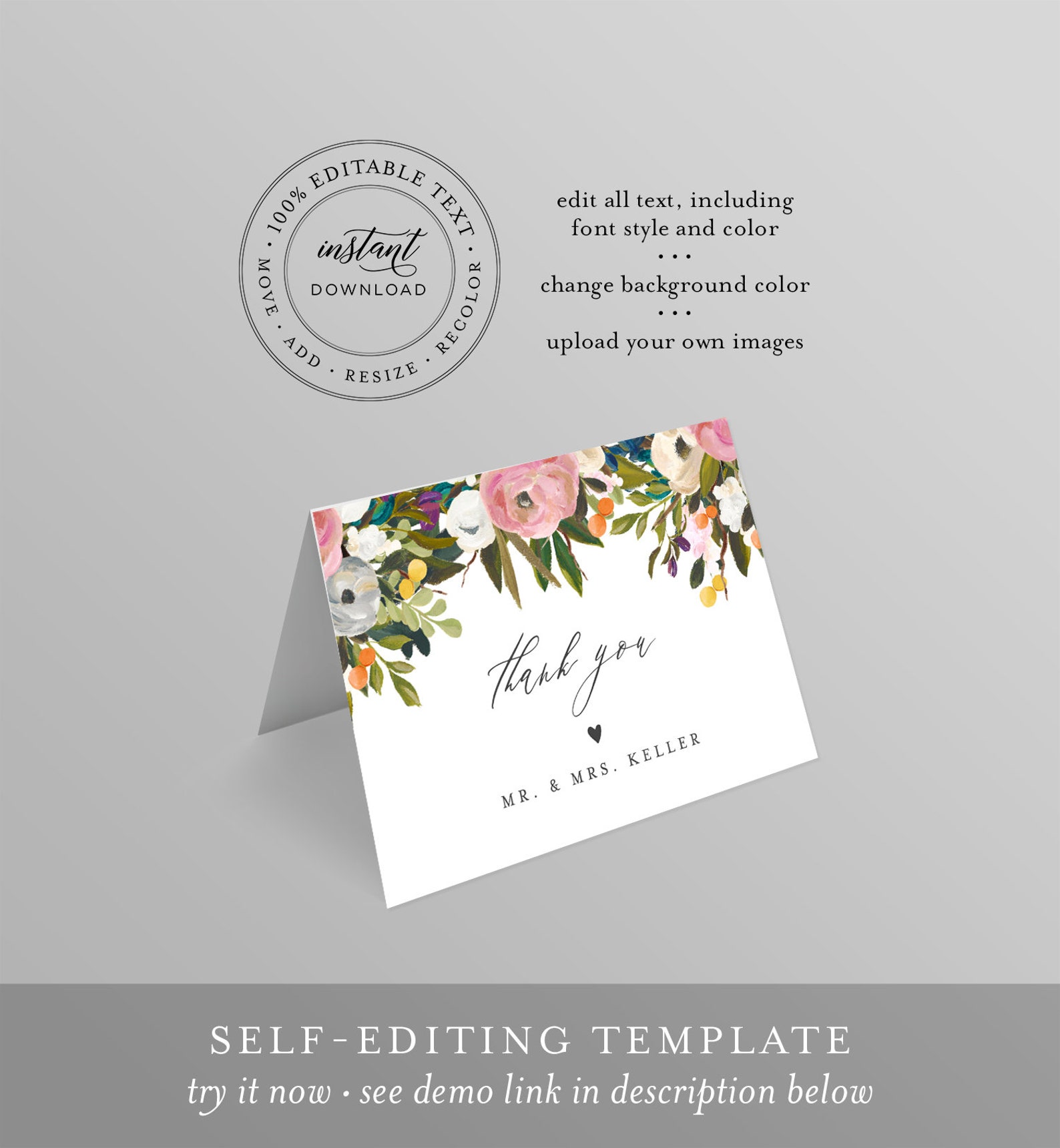 Thank You Note Card Template Printable Summer Blossom & | Etsy