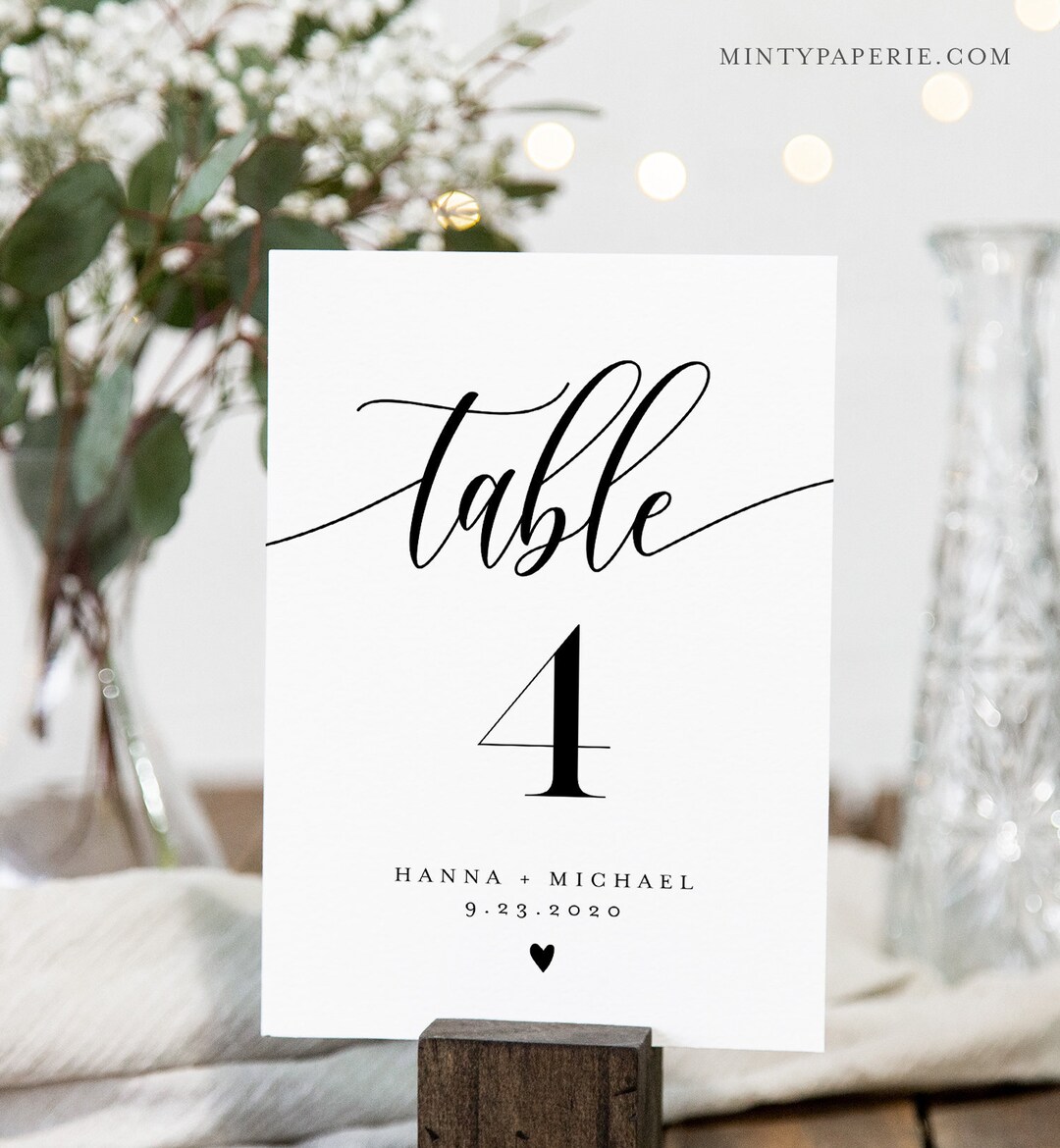 Modern Calligraphy Table Number Card Template, Minimalist Wedding Table ...