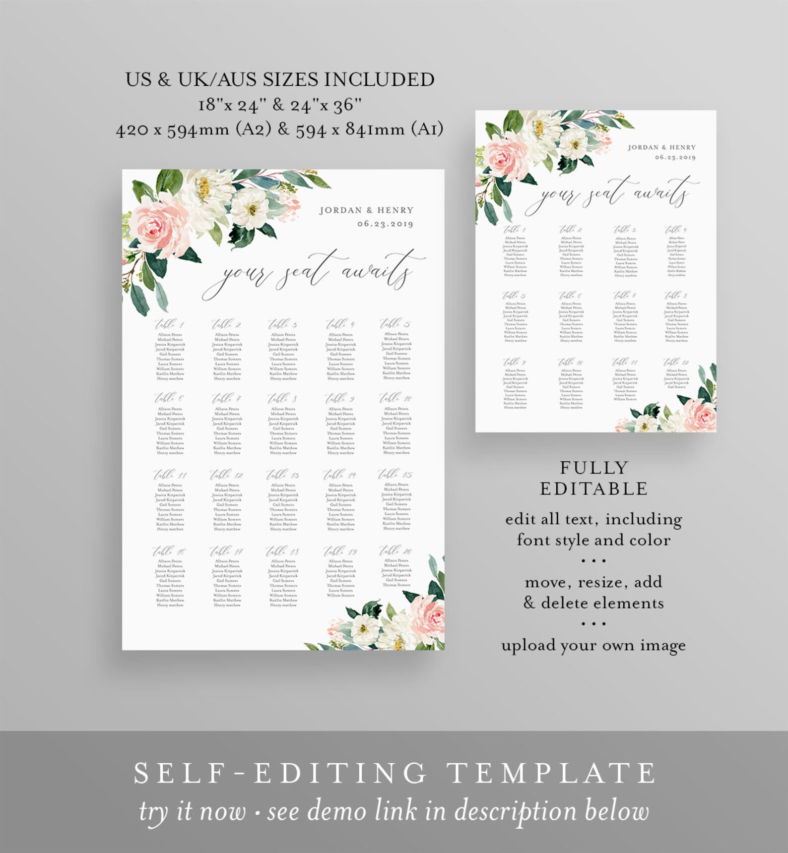 Floral Seating Chart Template, Printable Wedding Seating Sign, Instant ...
